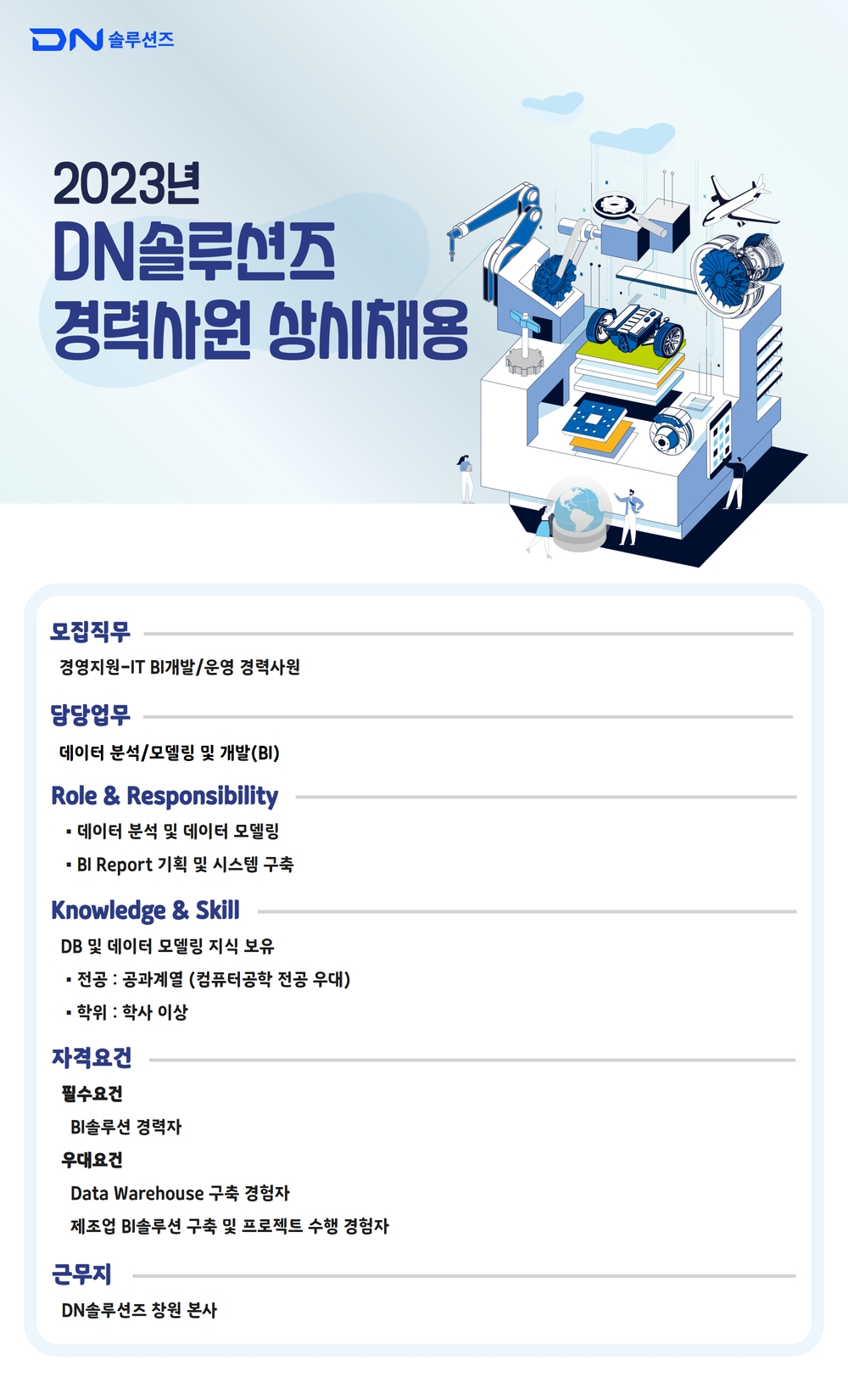 DN솔루션즈 채용공고 경영지원-IT BI개발/운영 경력사원 | 2023년 채용